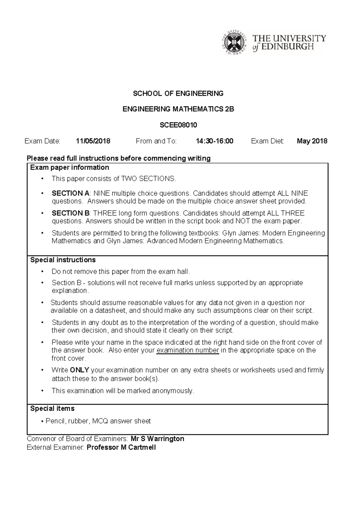 Eng Maths 2B Past Paper 2018 - SCHOOL OF ENGINEERING ENGINEERING ...