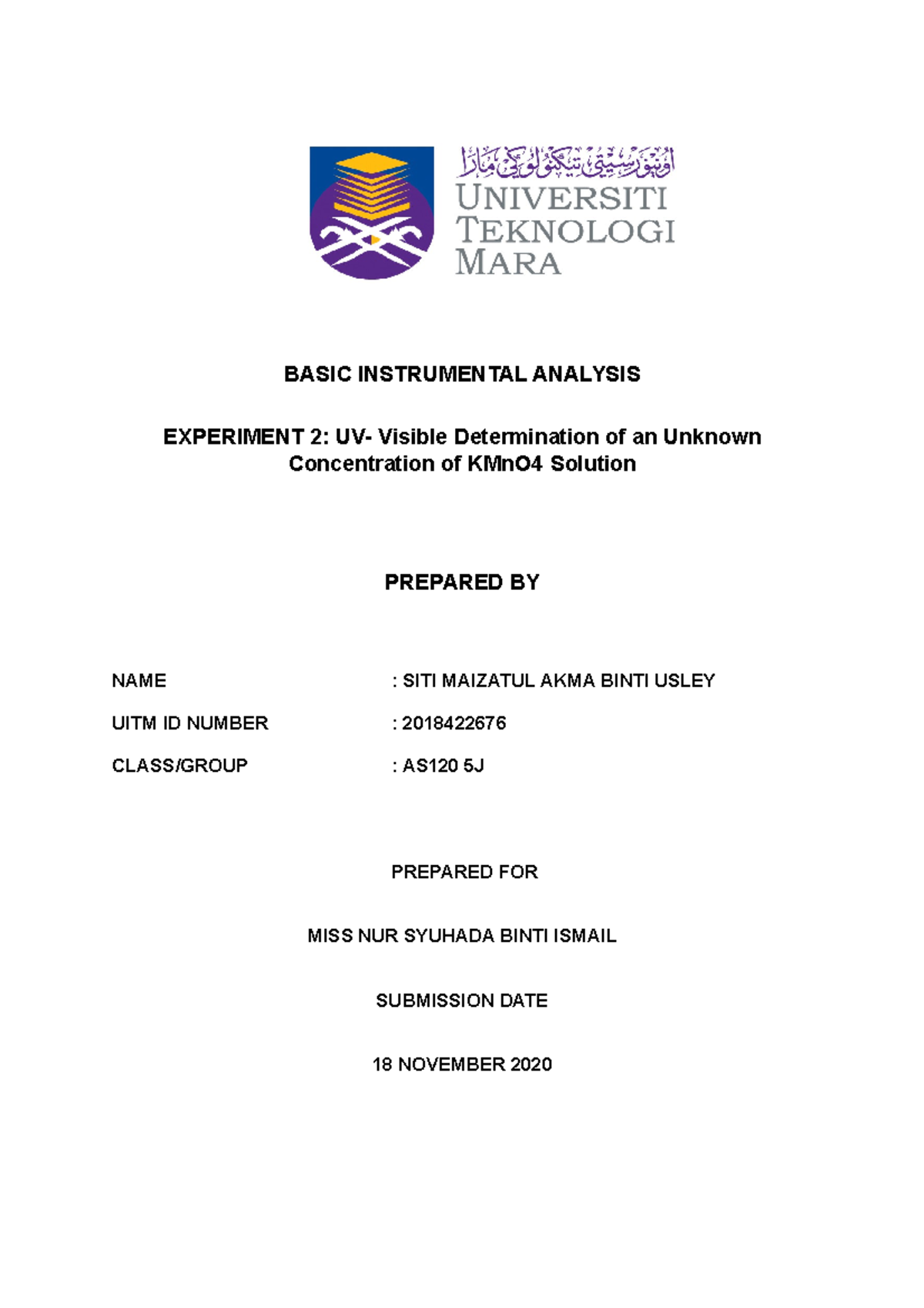 EX2 - BASIC INSTRUMENTAL ANALYSIS EXPERIMENT 2: UV- Visible ...