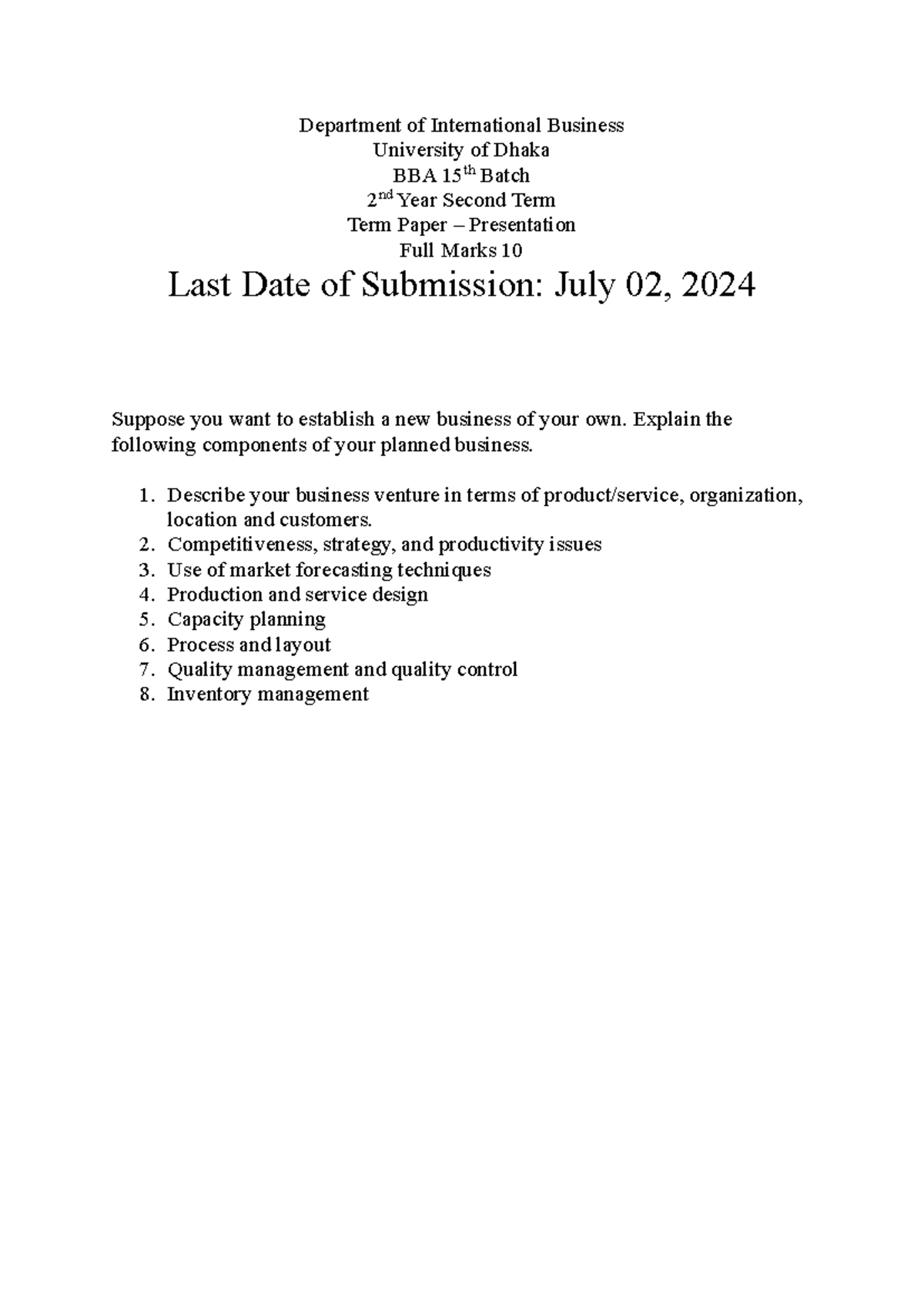 Term Paper - operations management tutorial work - Department of ...