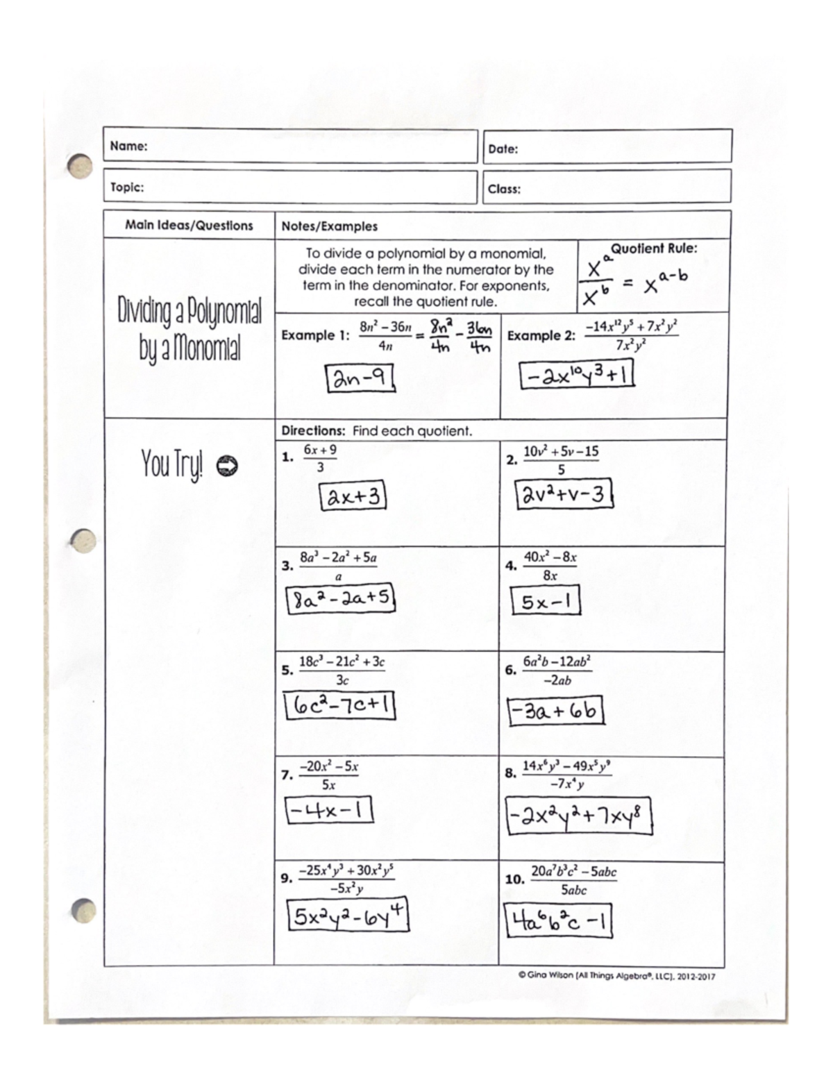 Algebra 1- Dividing Polynomial By Monomial - Studocu