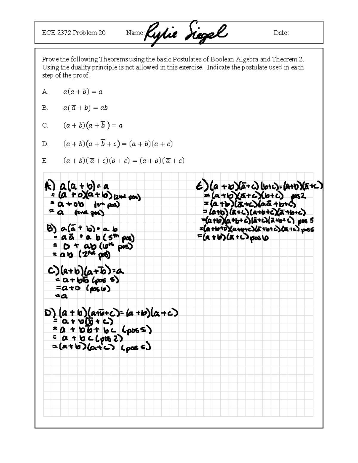 ECE 2372 Problem 20 - ECE 2372 Problem 20 Name: Date: Prove the following Theorems using the ...