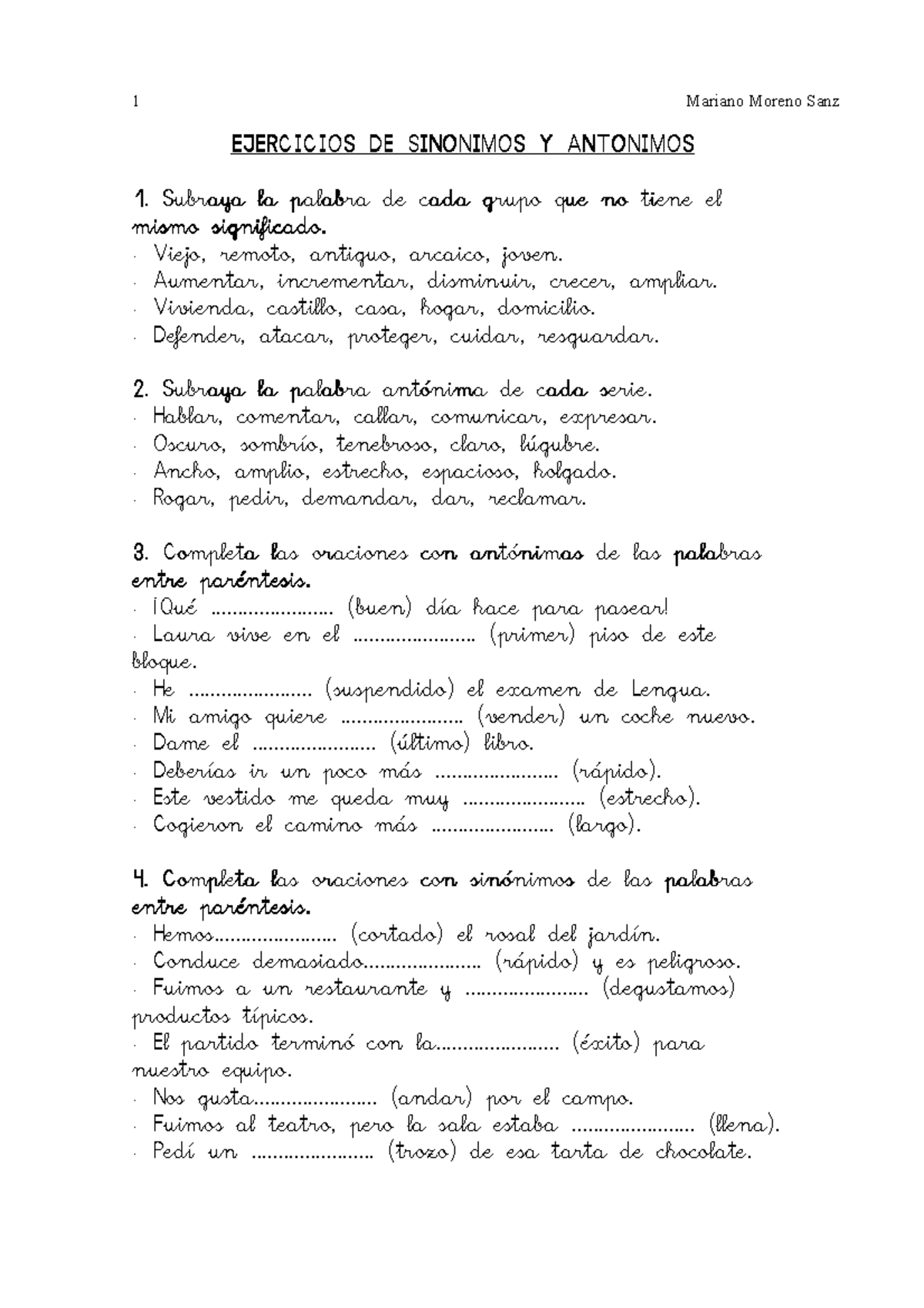 Ejercicios DE Sinonimos Y Antonimos - Mariano Moreno Sanz ...