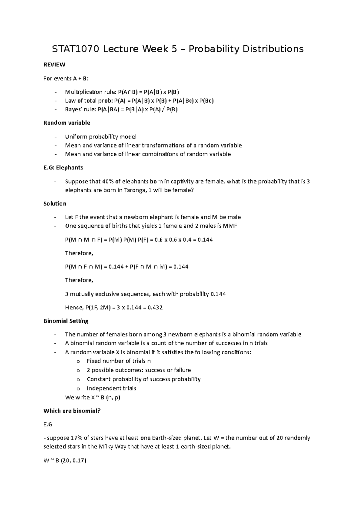 Week 5 - lecture - STAT1070 Lecture Week 5 – Probability Distributions REVIEW For events A + B ...