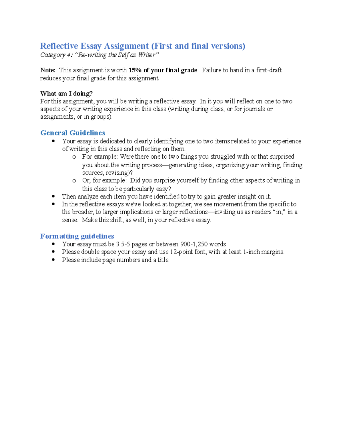 Reflective Essay template worth 15% - Reflective Essay Assignment ...