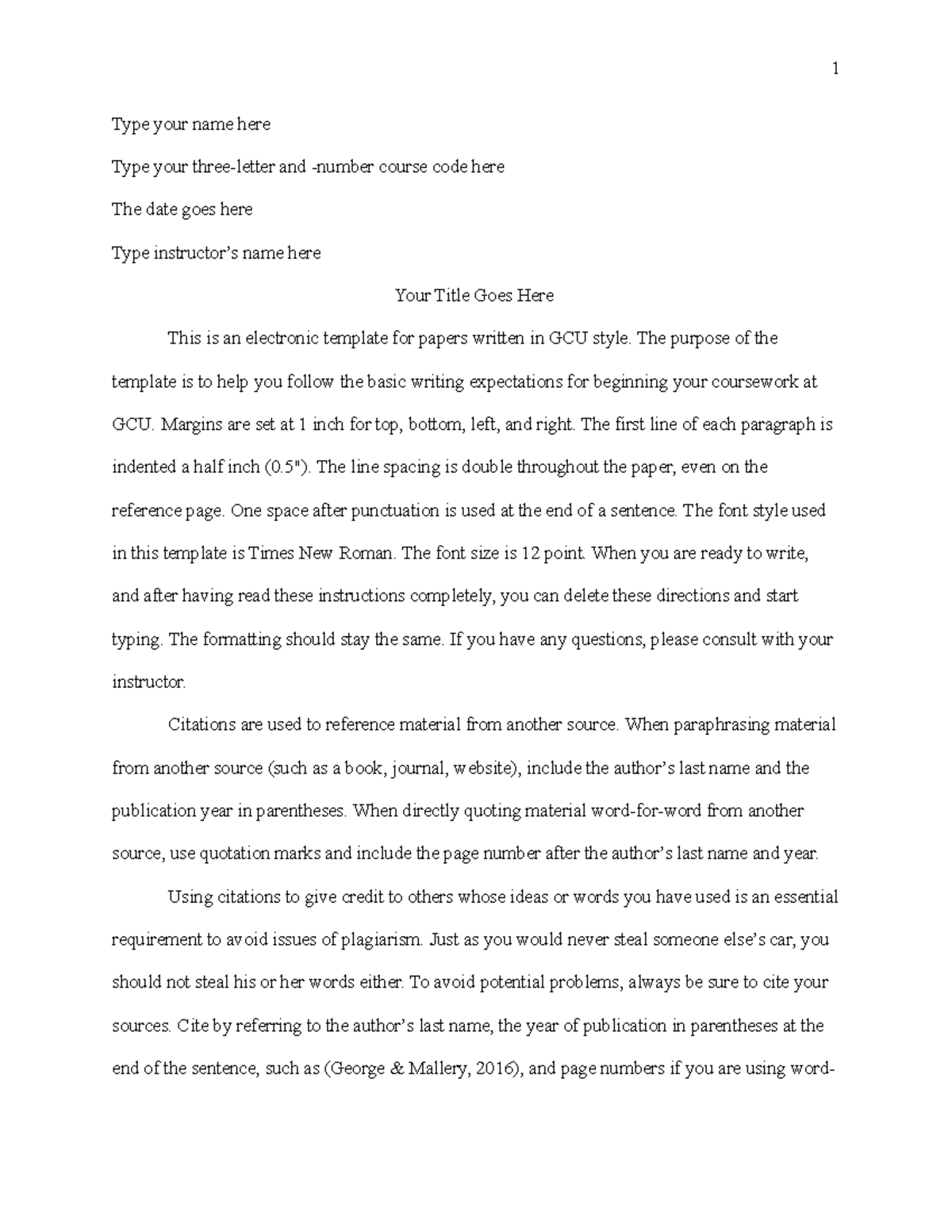 Gcu-style-template - style template for essays - Type your name here ...