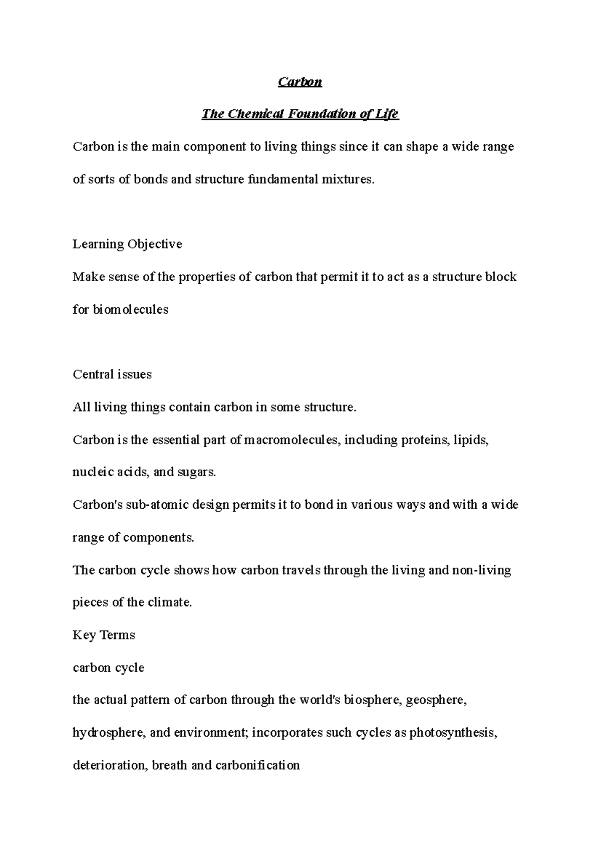 Carbon as the Chemical Foundation for Life - Carbon The Chemical ...