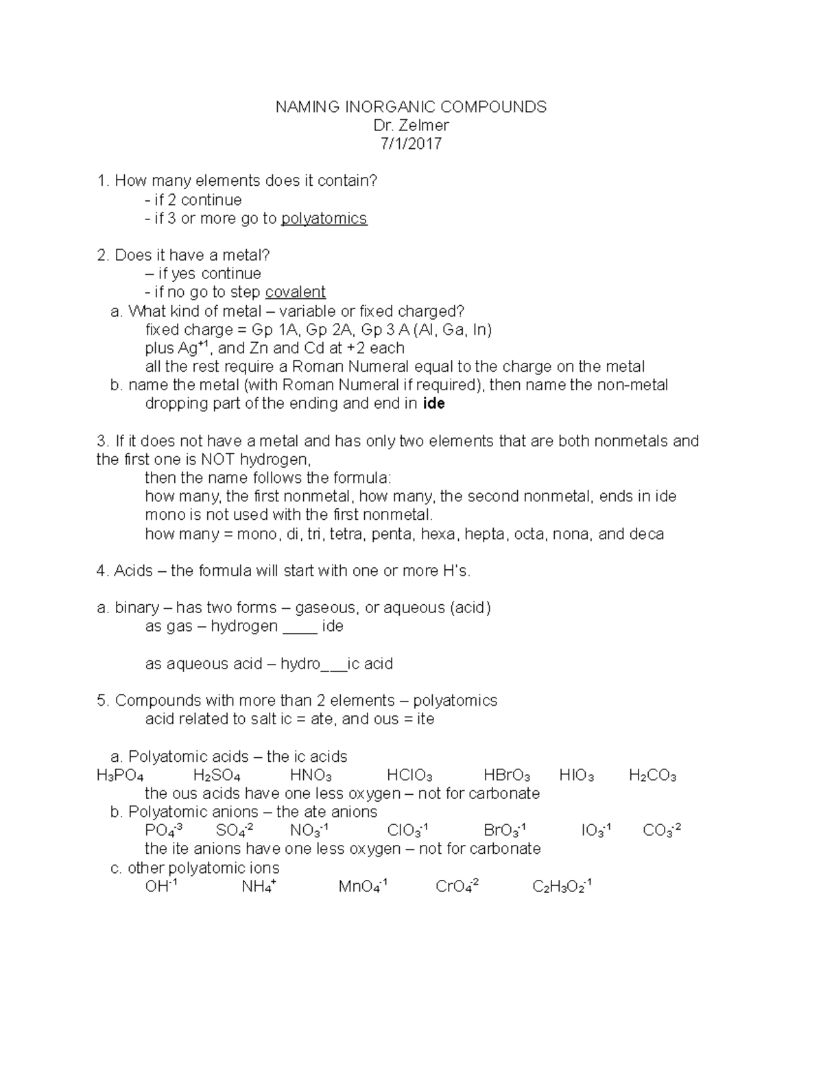 Naming Inorganic Compounds - NAMING INORGANIC COMPOUNDS Dr. Zelmer 7/1 ...