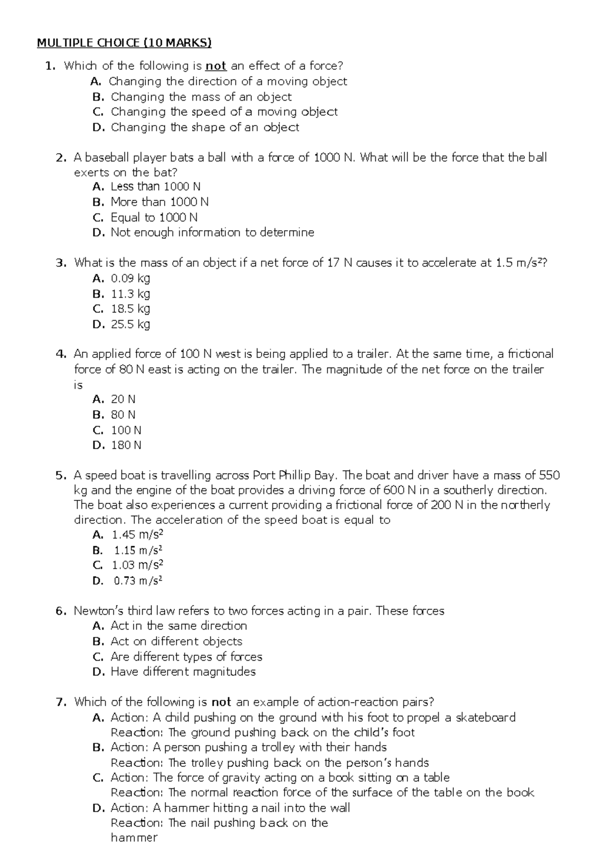 2023 Newton's laws and energy Test - MULTIPLE CHOICE (10 MARKS) Which ...