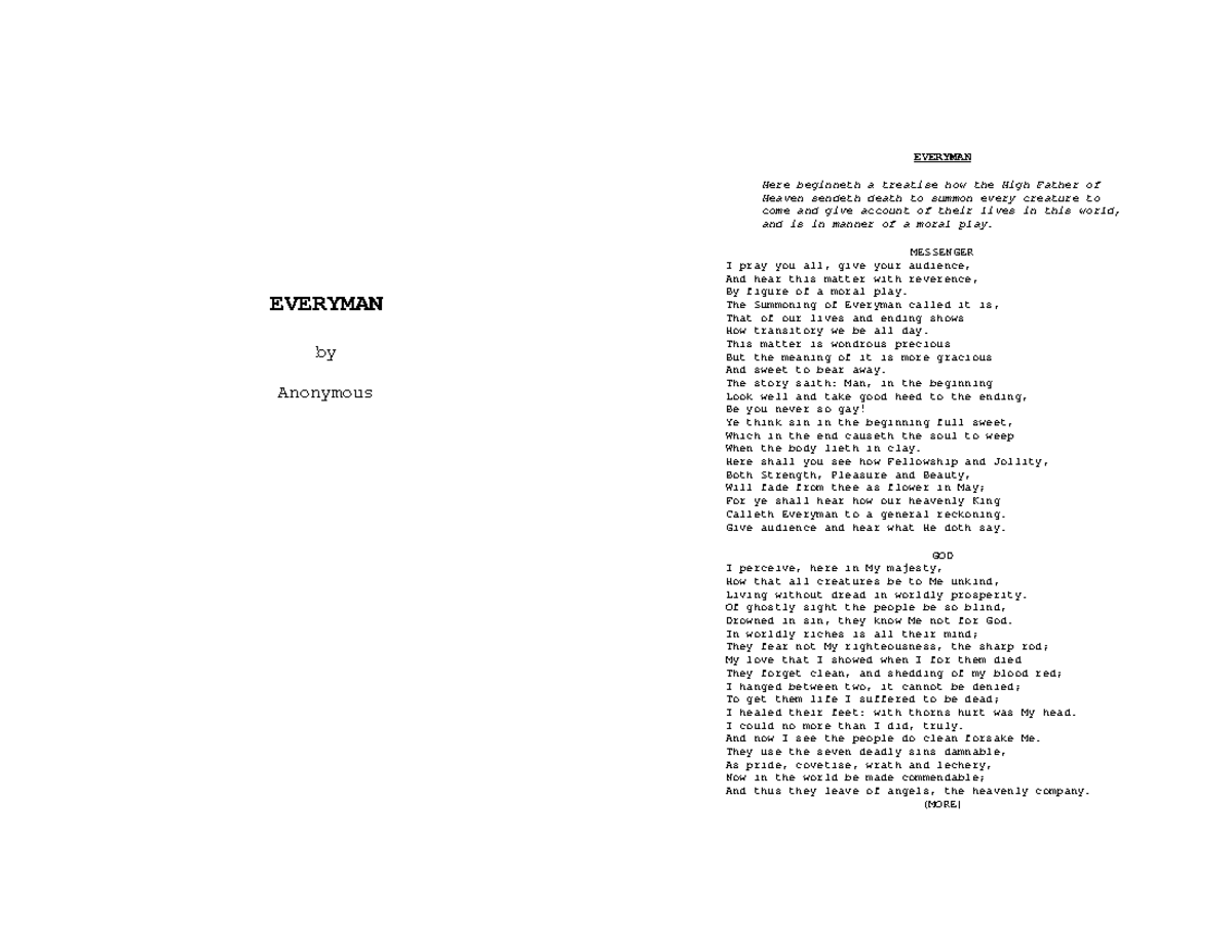 Everyman (Translation) - EVERYMAN by Anonymous EVERYMAN Here beginneth ...