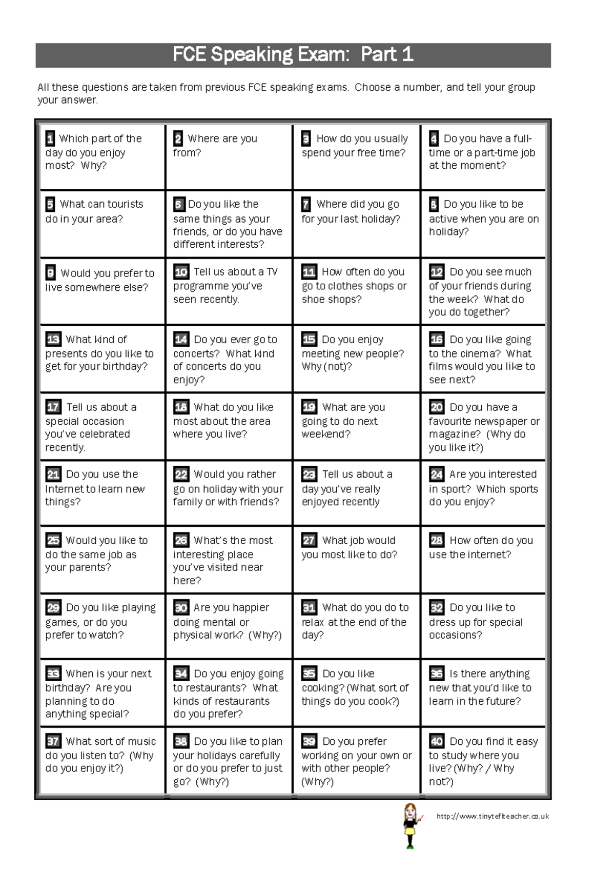Fce-speaking - tinyteflteacher.co FCE Speaking Exam: Part 1 All these ...