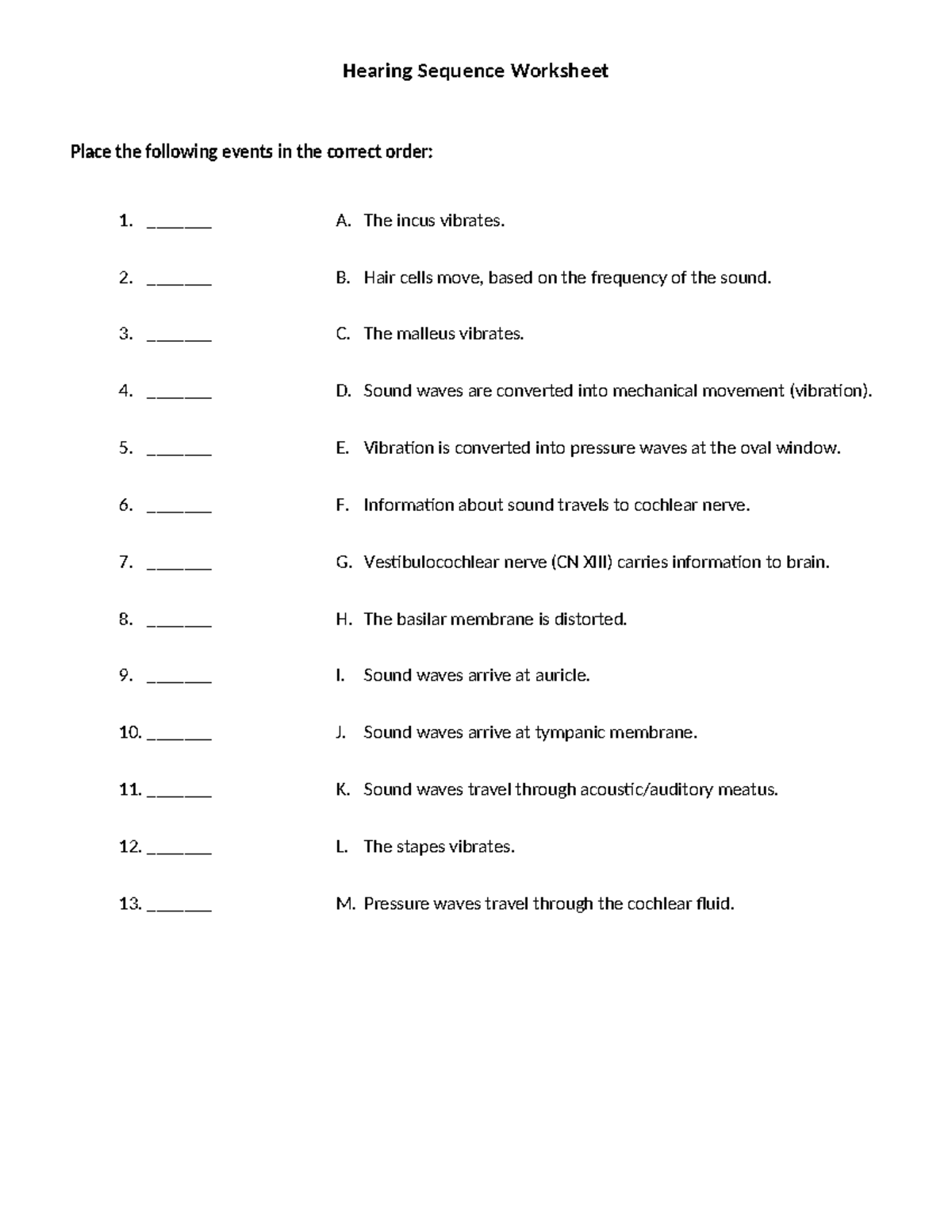 Hearing Worksheet - Hearing Sequence Worksheet Place the following ...