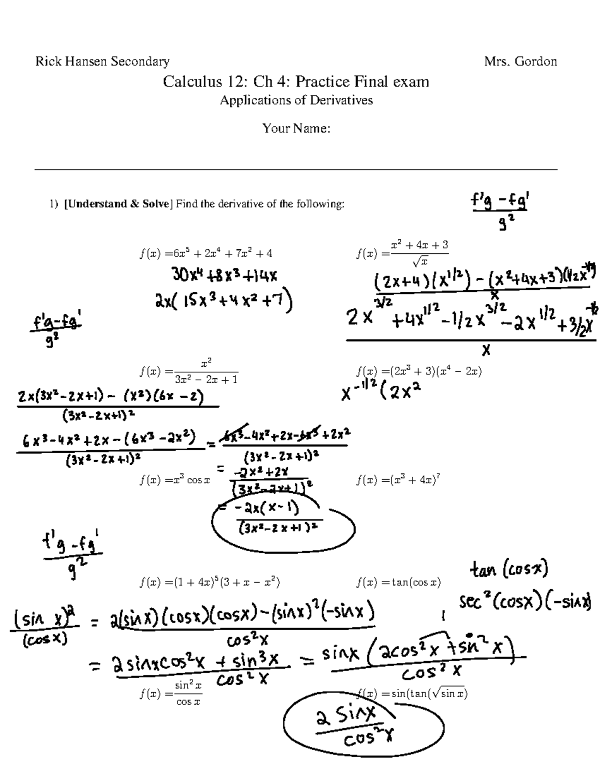 Calc 12 final - Rick Hansen Secondary Mrs. Gordon Calculus 12: Ch 4 ...