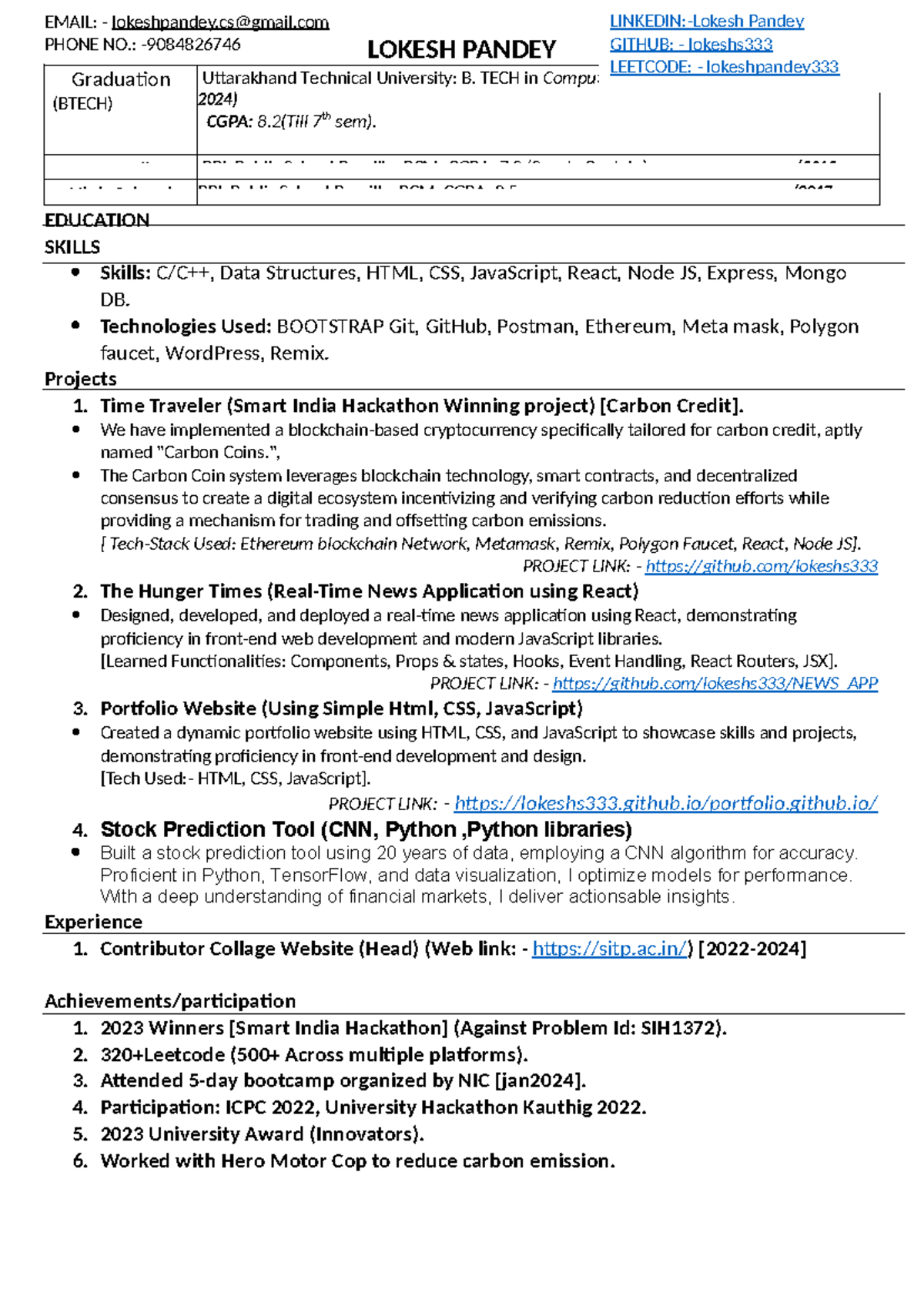 Resume( Lokesh:) - LOKESH PANDEY Graduation (BTECH) Uttarakhand ...