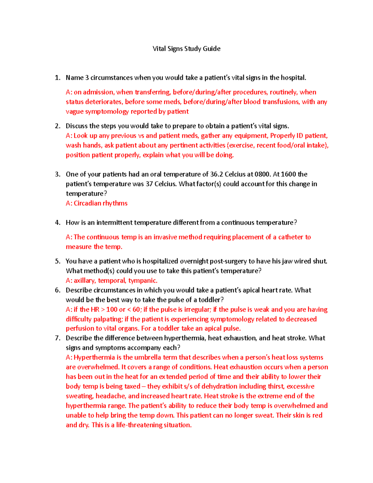 Fundamentals study guide 226 - Vital Signs Study Guide Name 3 ...