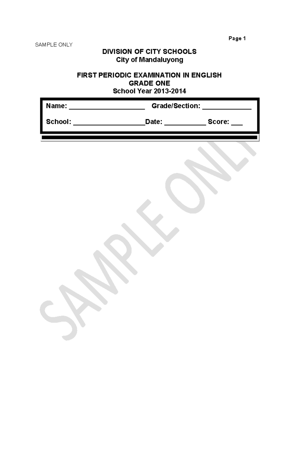 Blank-format periodic-exams-pattern - Page 1 SAMPLE ONLY DIVISION OF ...