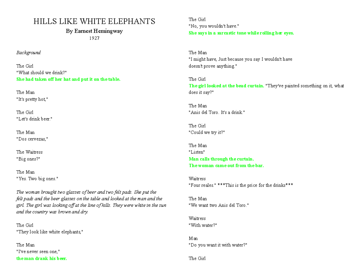 Copy of Script Hills LIKE White Elephants - HILLS LIKE WHITE ELEPHANTS ...