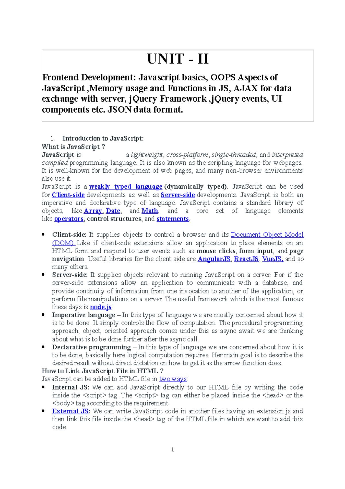 Unit-2 - Full stack development subject - 1. Introduction to JavaScript ...