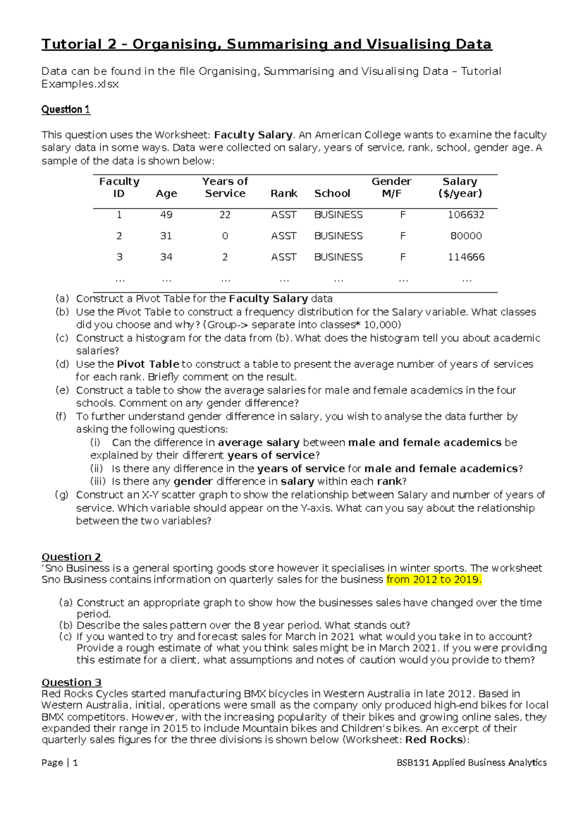 Tutorial 2 - Organising and Visualising Data-4 - Tutorial 2 – Organising, Summarising and - Studocu