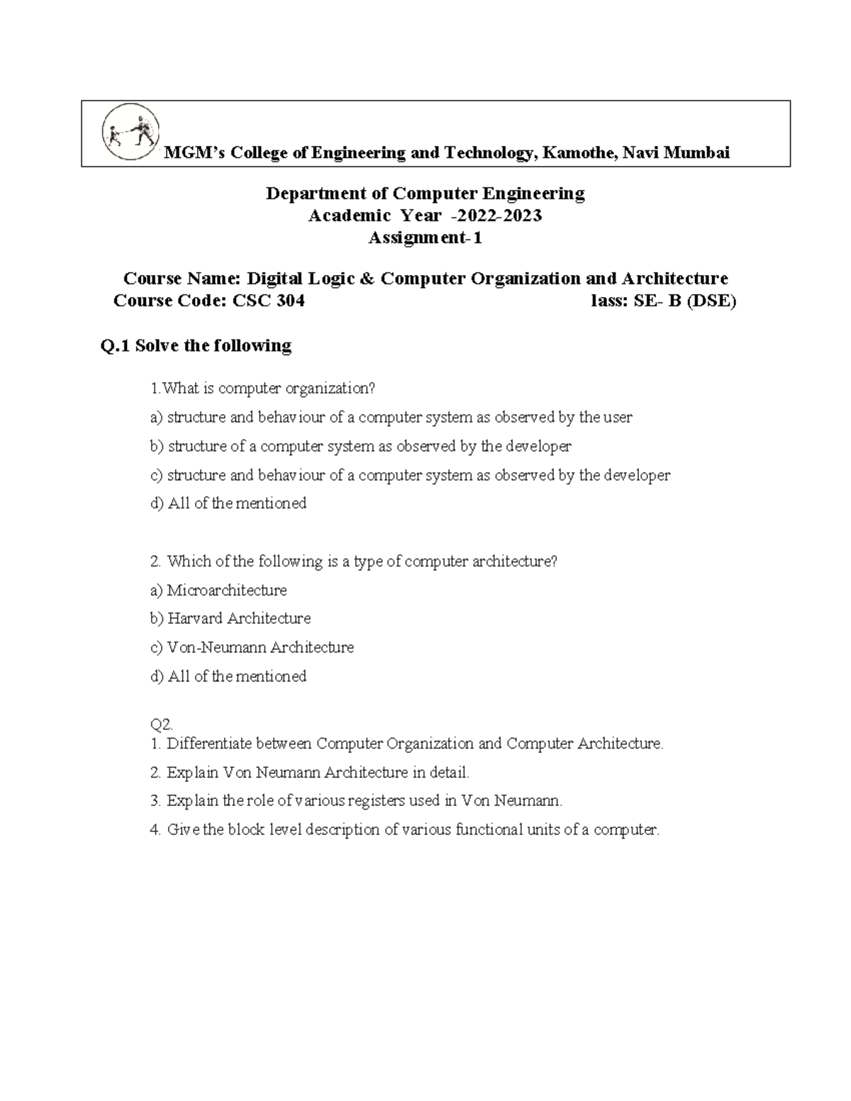 Aasignment 1 - MGM’s College of Engineering and Technology, Kamothe ...