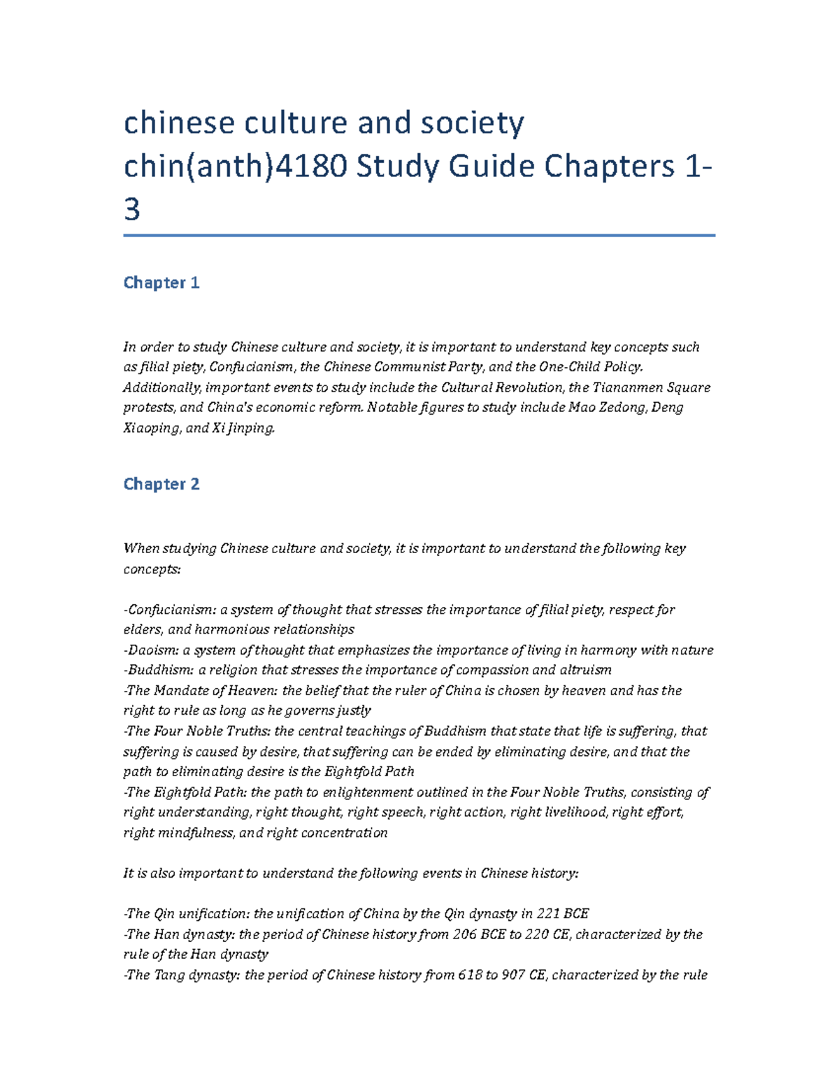 Chinese culture and society chin(anth)4180 Study Guide Chapters 1-3 ...