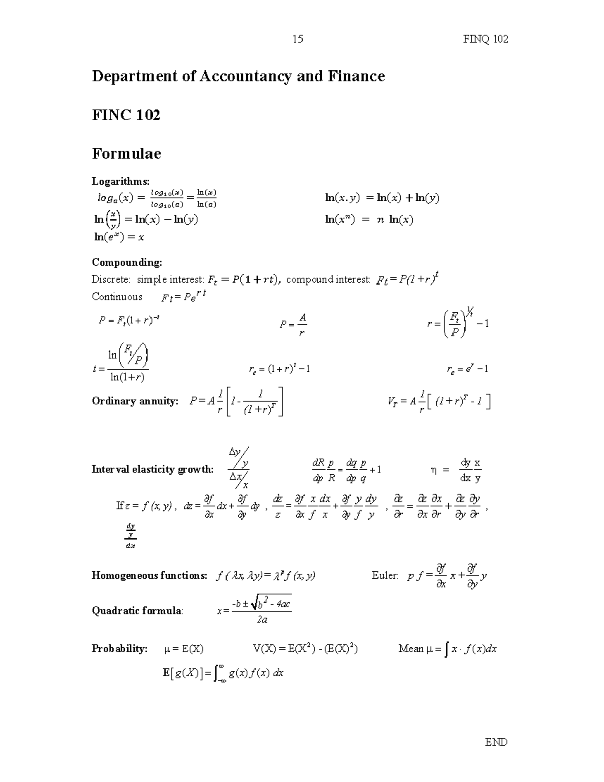 FINC102 Formulae - Formula sheet for finc 102 - 15 FINQ 102 END - Studocu