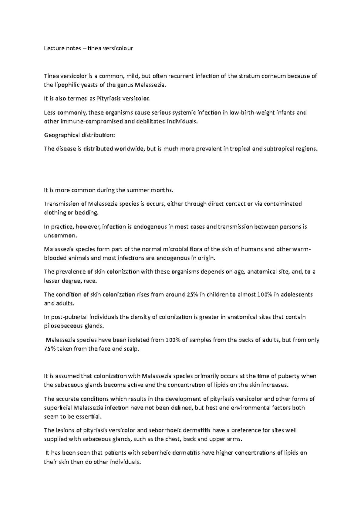 Lecture notes – tinea versicolour - Lecture notes – tinea versicolour ...