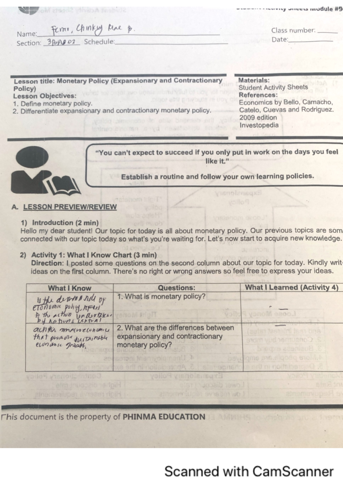 Module 9 Monetary Policy - Name: Femr, Chinky Mae B. Class number ...