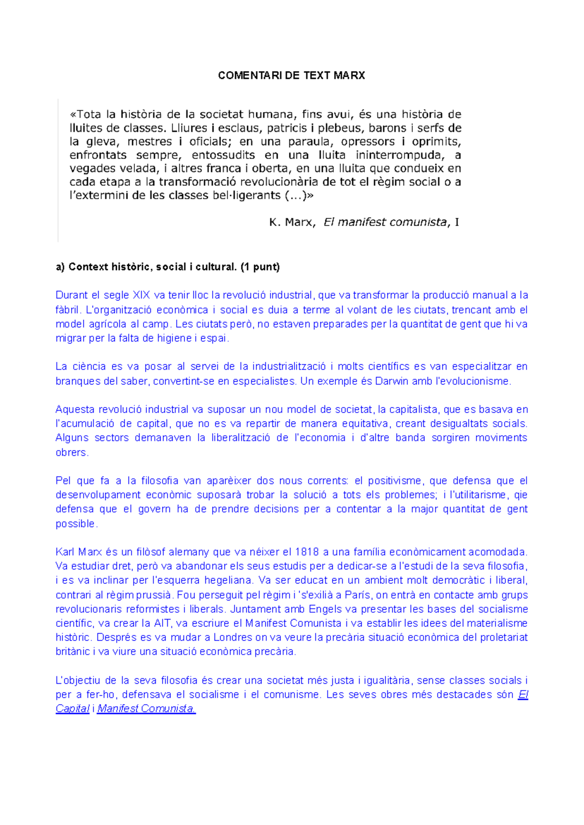 Comentari DE TEXT MARX - Apunts de classe bona nota - COMENTARI DE TEXT ...