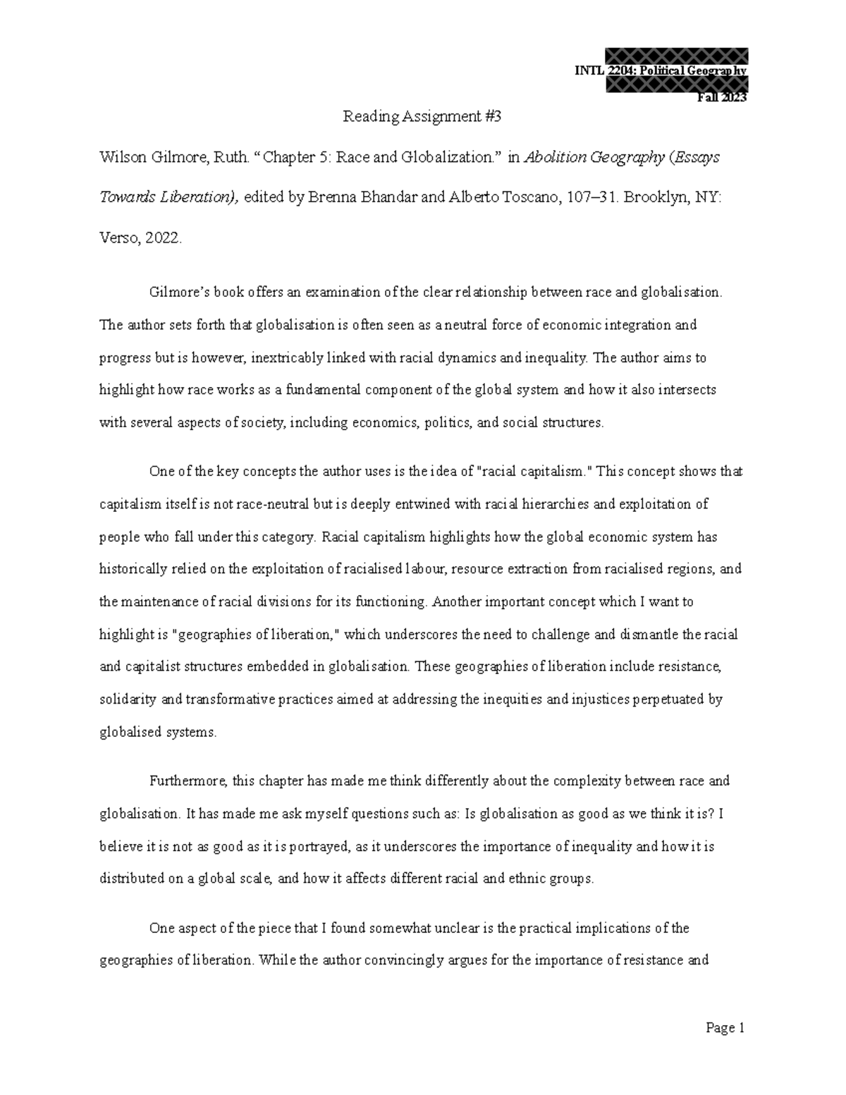 Reading Assignment #3 copy - INTL 2204: Political Geography Fall 2023 Reading Assignment Wilson ...