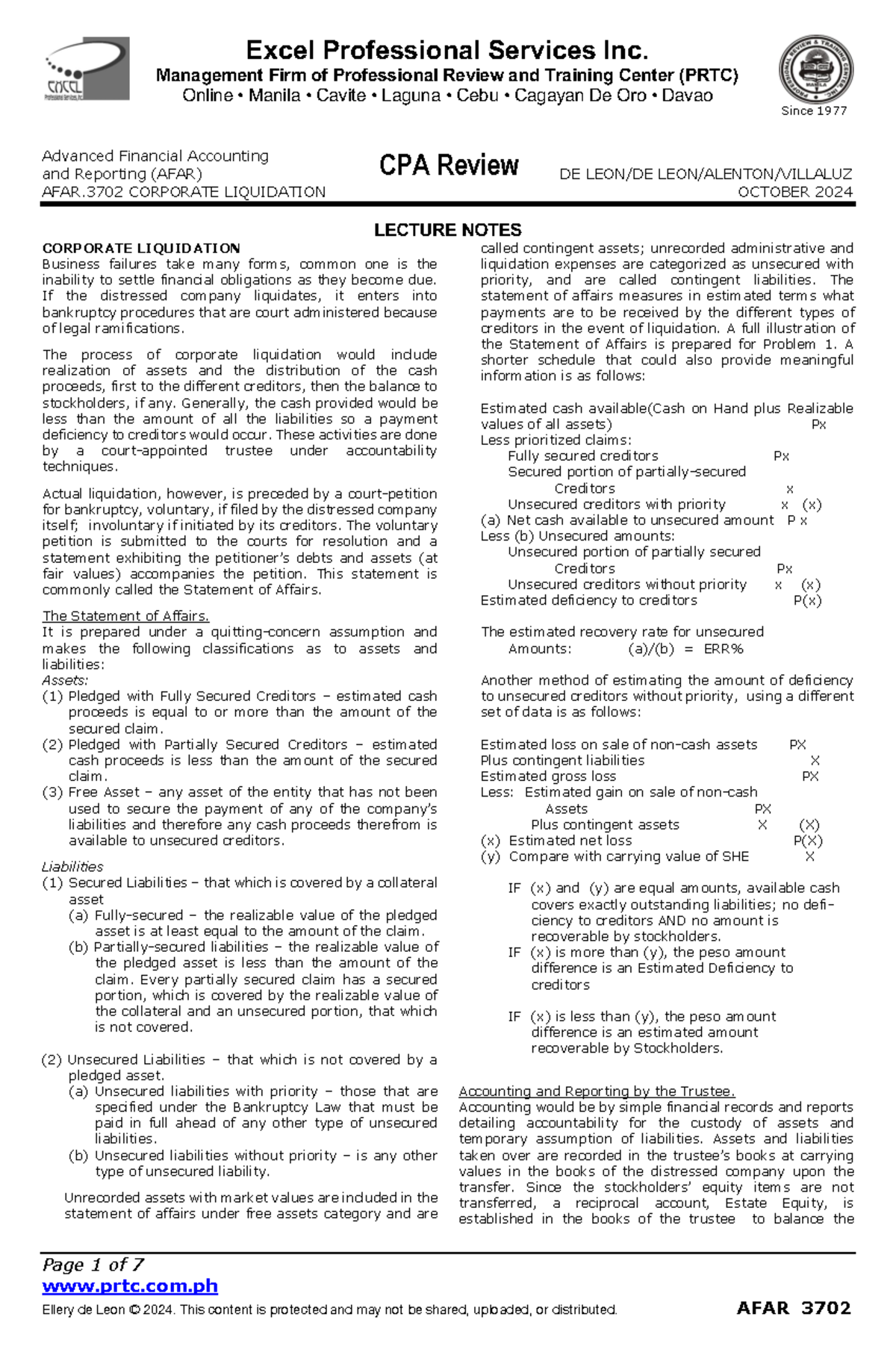 Afar 3702 Corporate Liquidation Page 1 Of 7 Prtc Excel