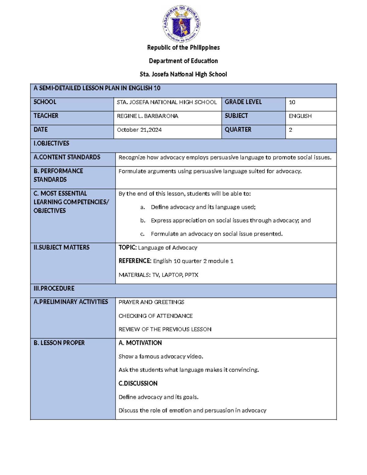 Advocacy - lesson plan - Republic of the Philippines Department of ...