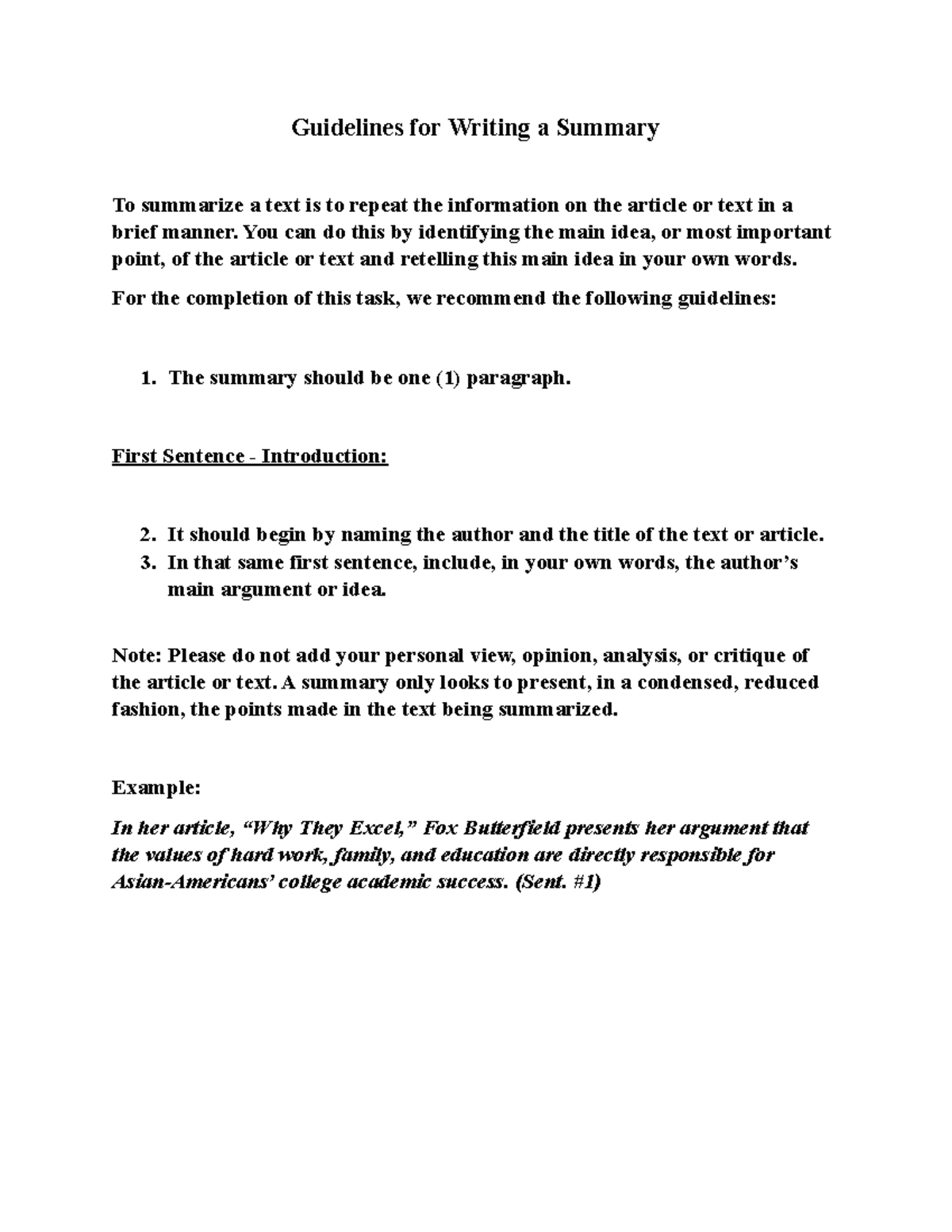 Guidelines for Writing a Summary - You can do this by identifying the ...