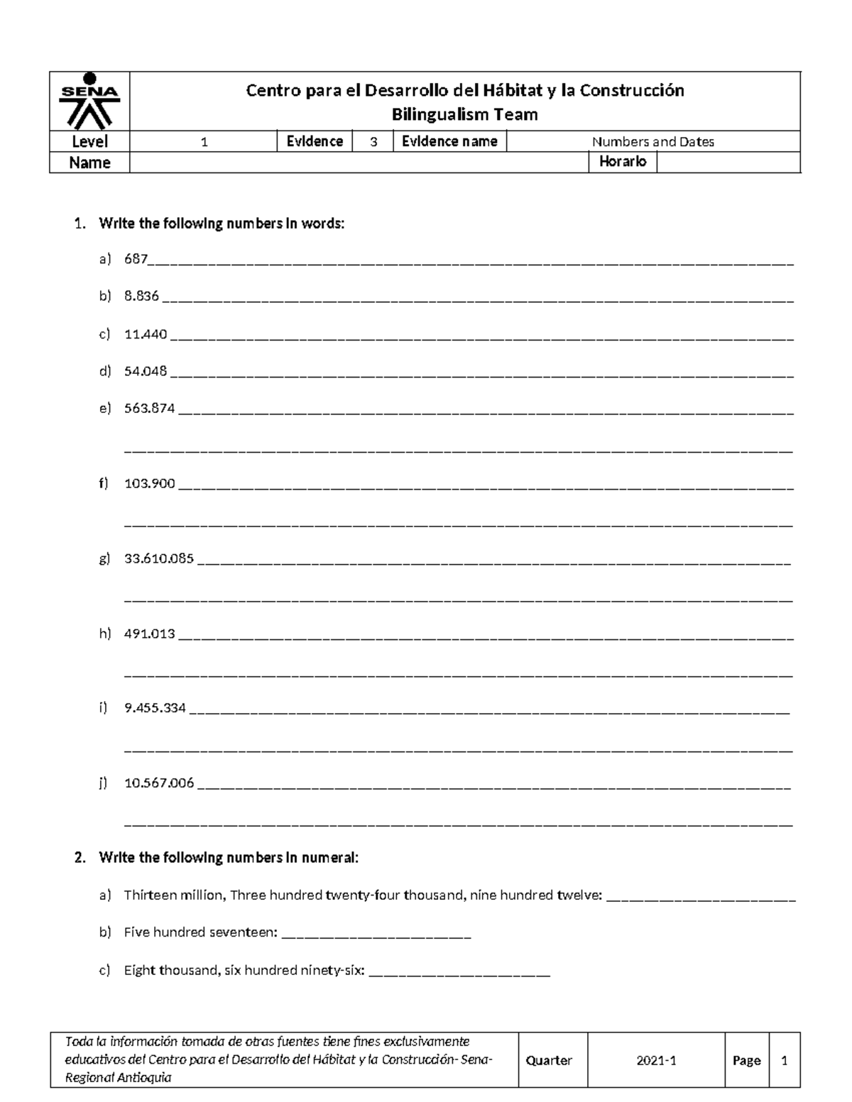 Numbers and dates activity T1 (13) - Centro para el Desarrollo del ...