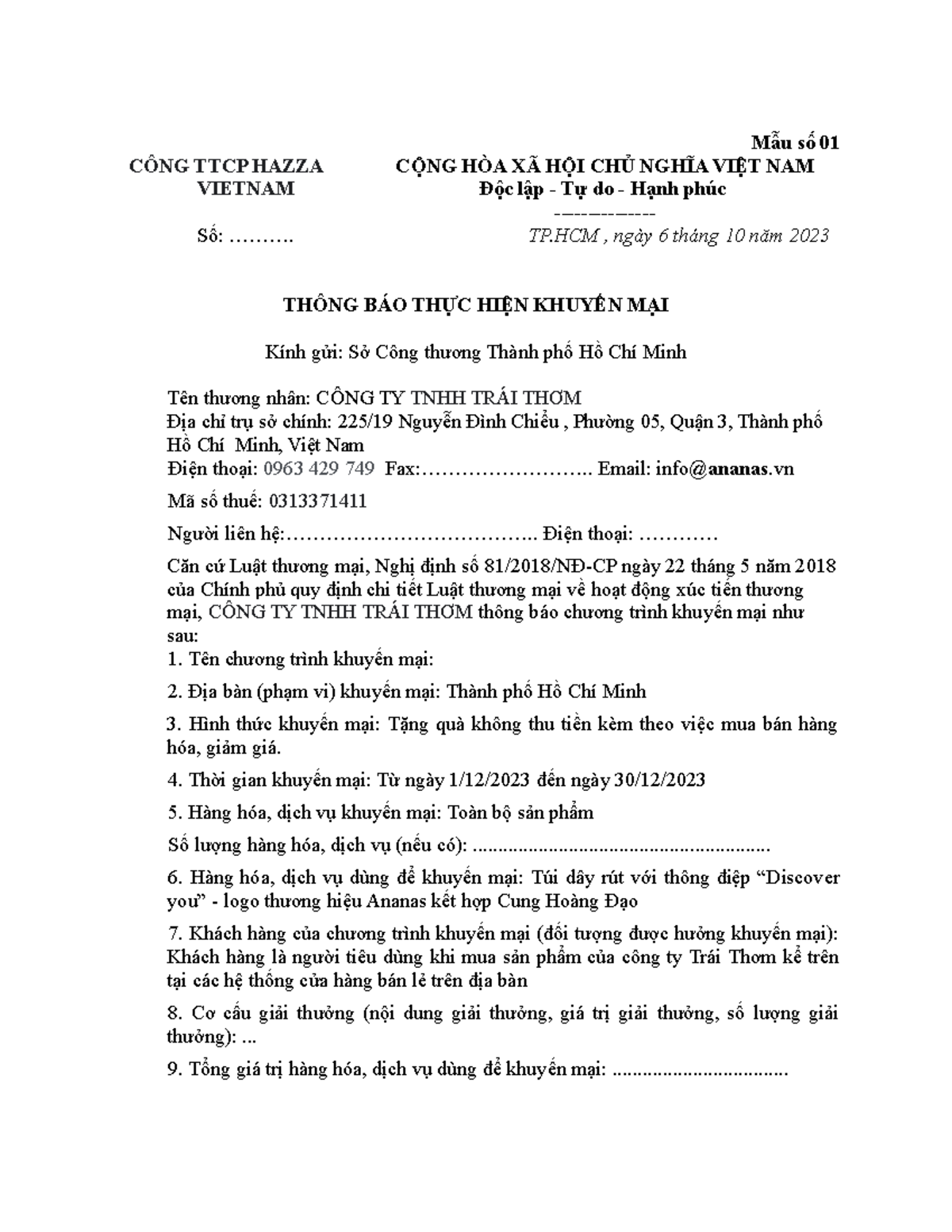 Thông BÁO CTKM - Xay Dung 7P - Mẫu số 01 CÔNG TTCP HAZZA VIETNAM CỘNG ...