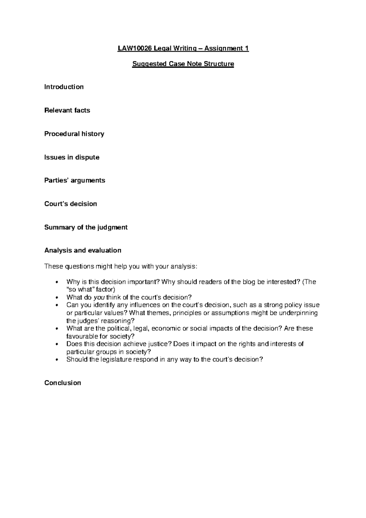 Suggested Case Note Structure - LAW10026 Legal Writing - Assignment 1 ...