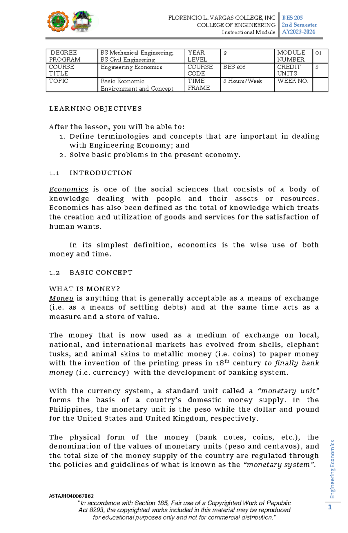 Econ Module 01 AY2023 2024 - COLLEGE OF ENGINEERING Instructional ...