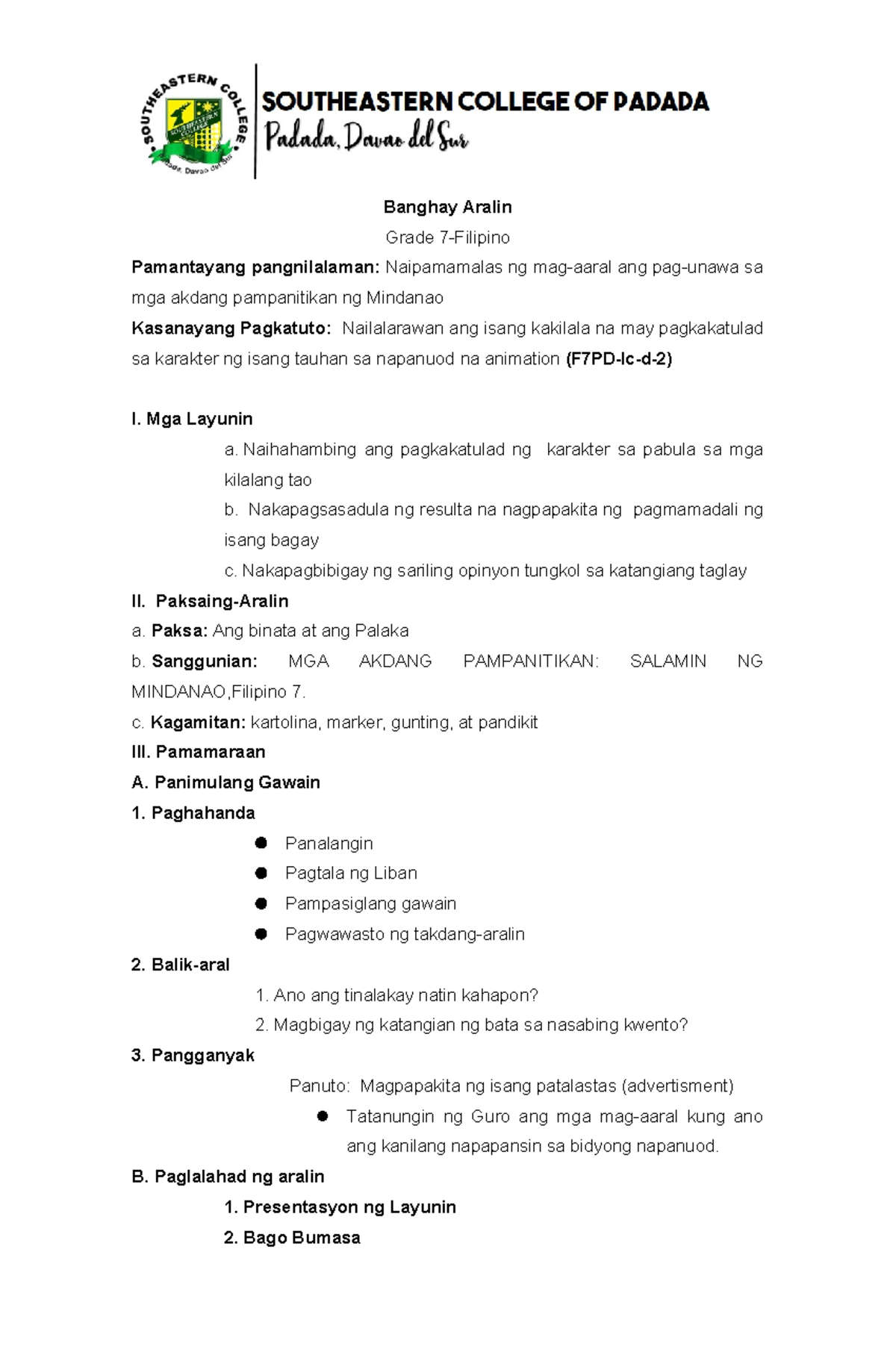 Banghay aralin -filipino 7 - Banghay Aralin Grade 7-Filipino ...
