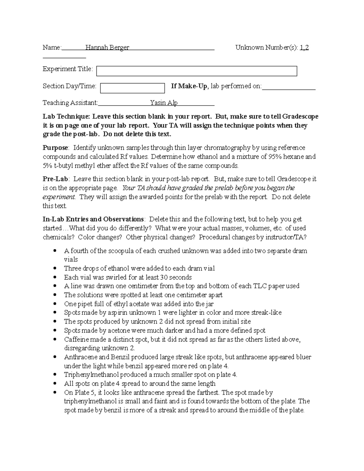 TLC Postlab.dox - Name: Hannah Berger Unknown Number(s): 1, Experiment ...