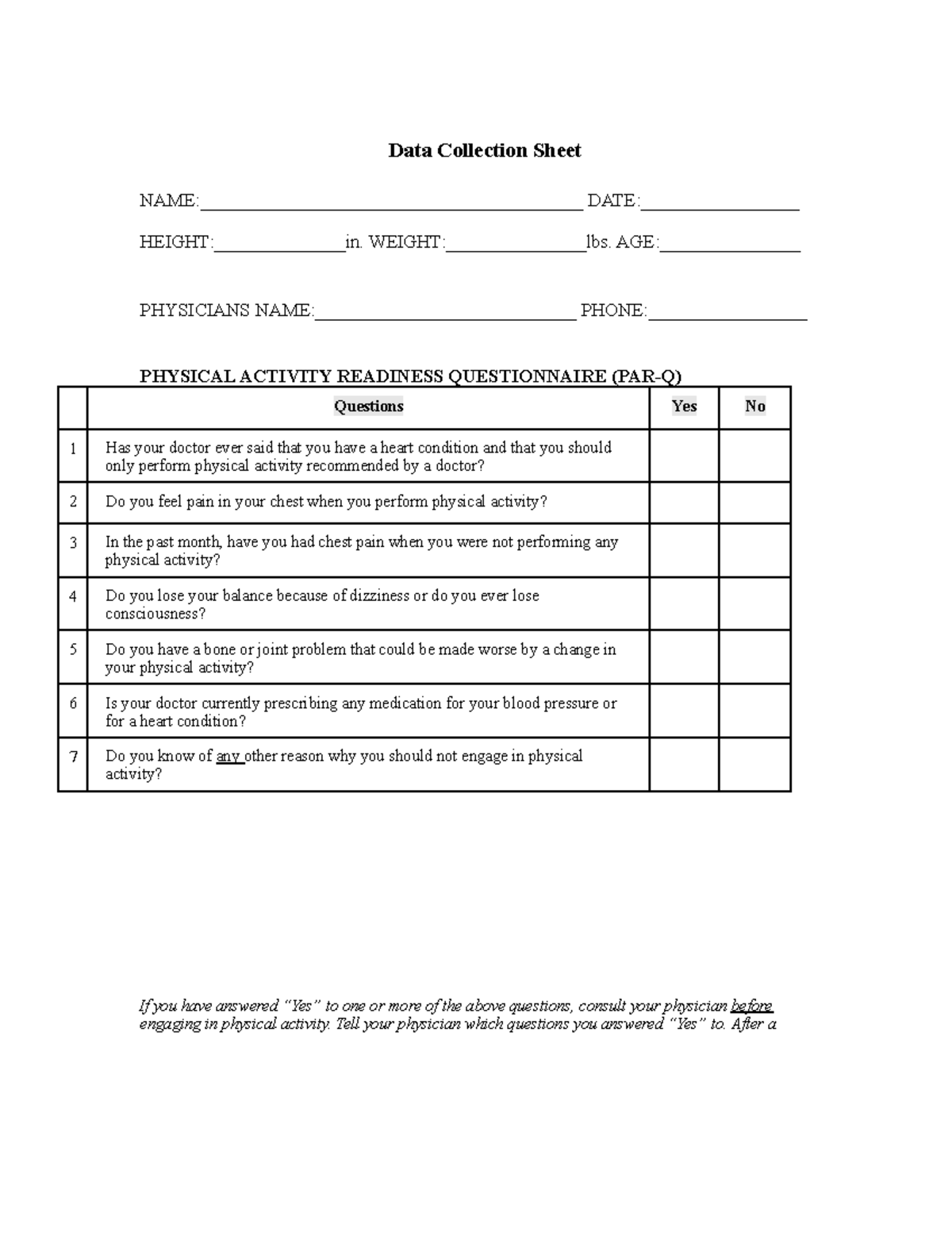 PAR-Q-form - tpe - Data Collection Sheet NAME