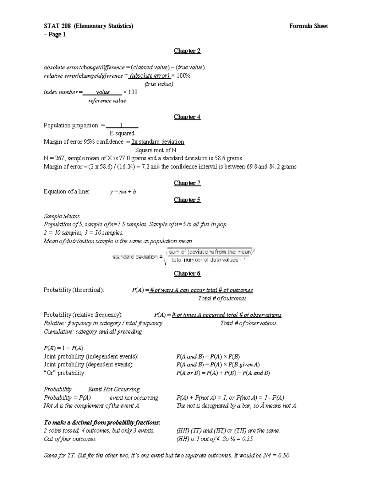 Stat Formulas - Lecture notes 1-4 - STAT 208 (Elementary Statistics ...