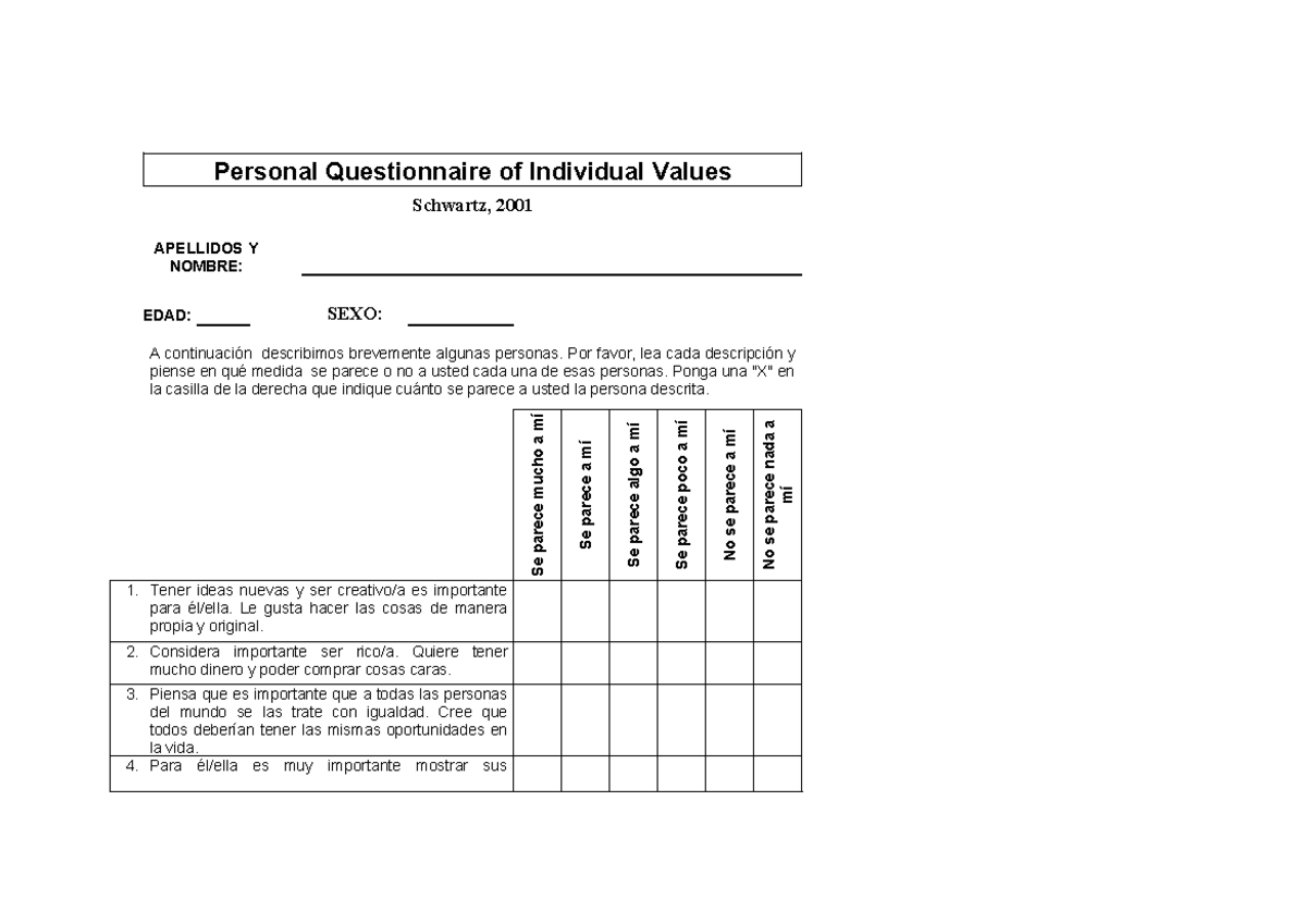 TEST Cuestionario Ancla A TU Carrera- Cuestionario DE Valores Schwartz ...