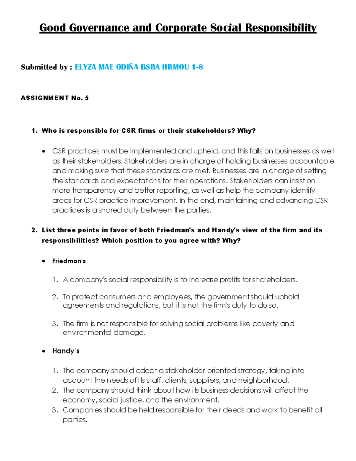 BUMA- Assignment-5 - ASSIGNMENT FOR BUMA - Good Governance and ...