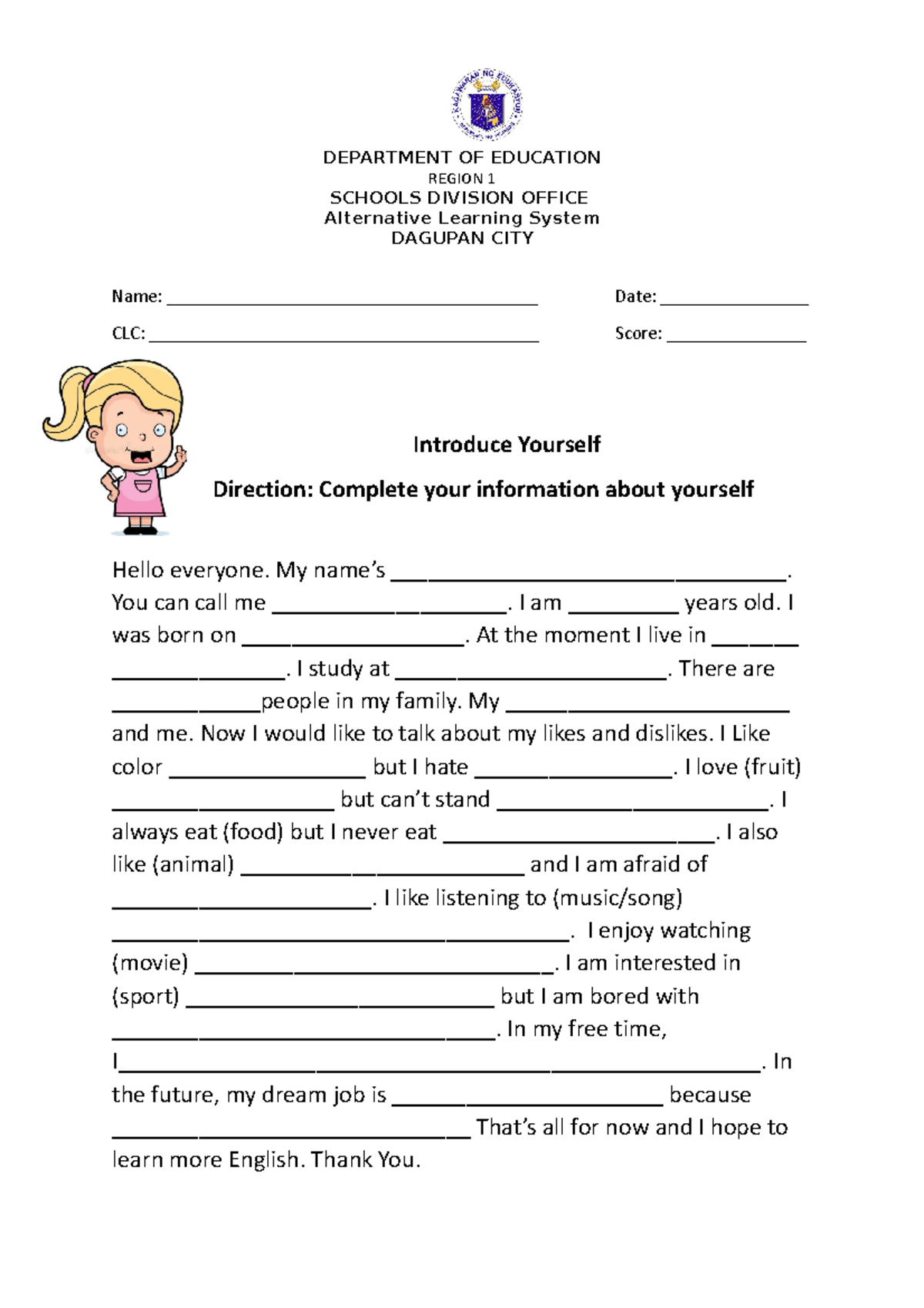 Worksheet - LS1 - Introducing Oneself - DEPARTMENT OF EDUCATION REGION ...