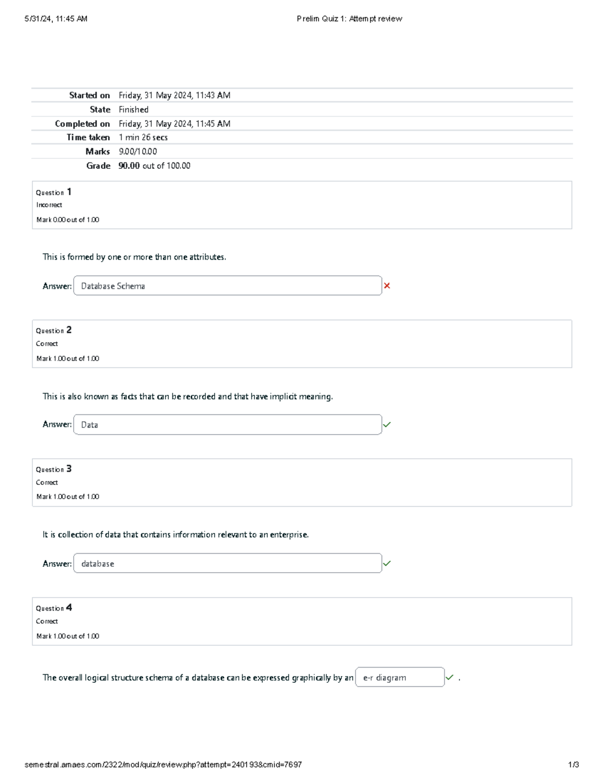 Data Management System Prelim Quiz 1 - 5/31/24, 11:45 AM Prelim Quiz 1: Attempt review - Studocu