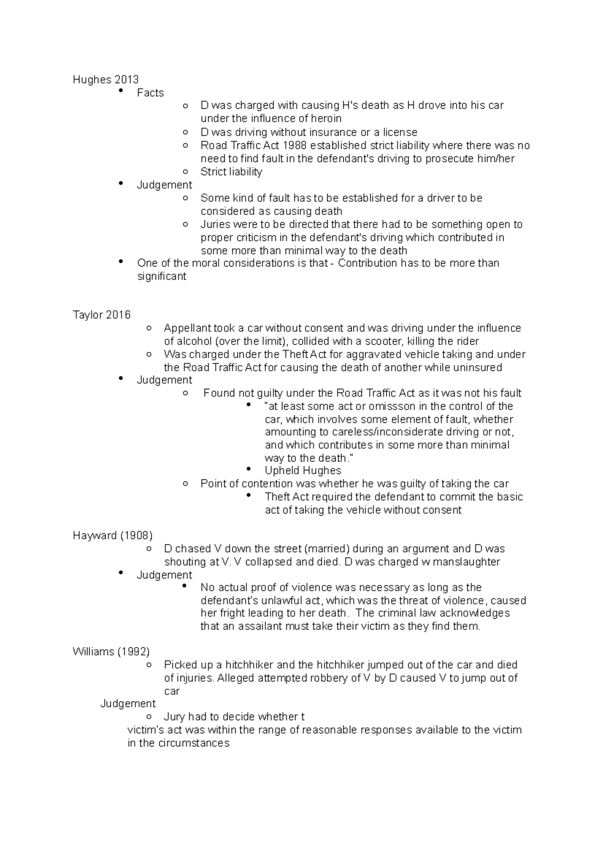 Murder - Case Summary - Hughes 2013 Facts o D was charged with causing ...