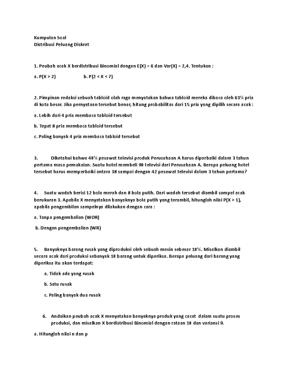 Soal Latihan Probstat 2 - Kumpulan Soal Distribusi Peluang Diskret Peubah acak X berdistribusi ...