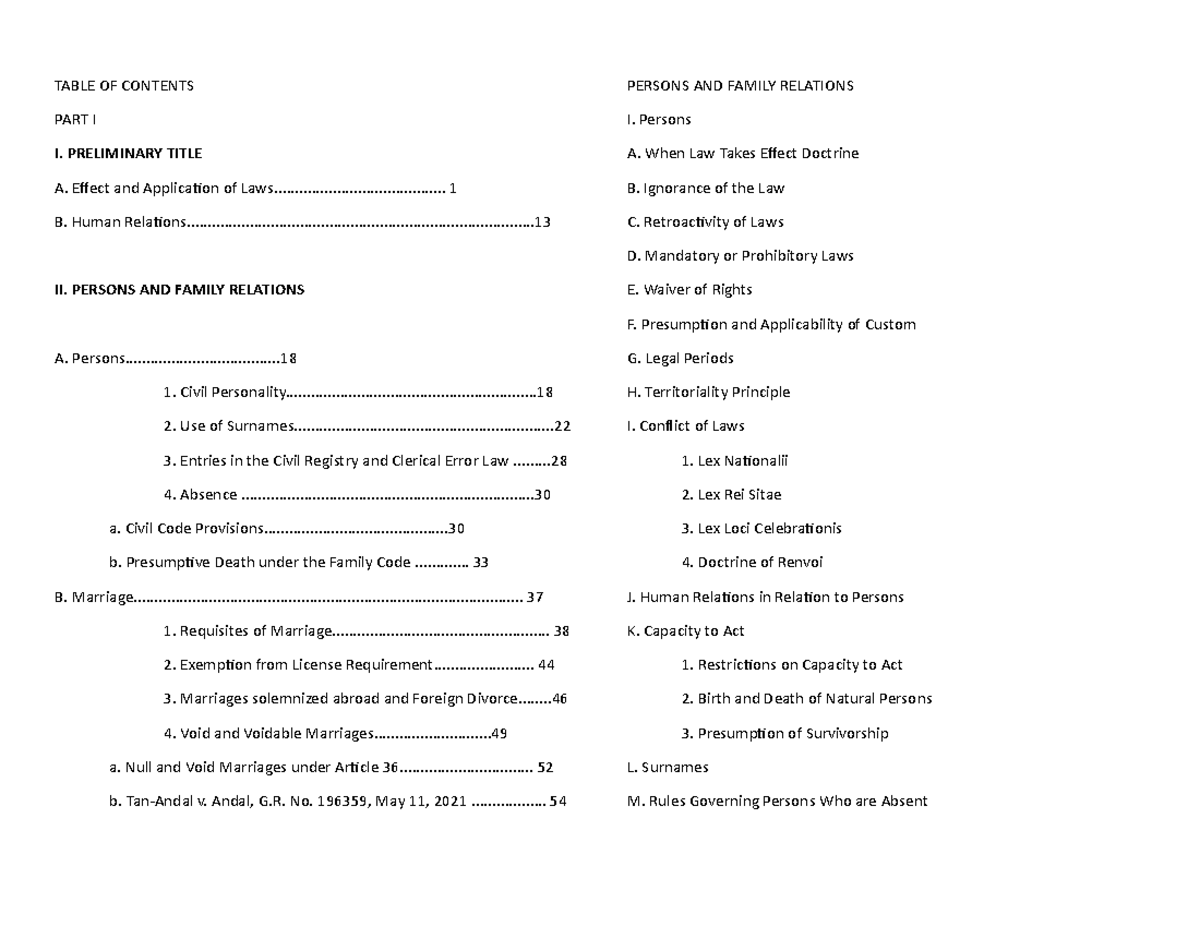 Civil reviewer - TABLE OF CONTENTS PART I I. PRELIMINARY TITLE A ...
