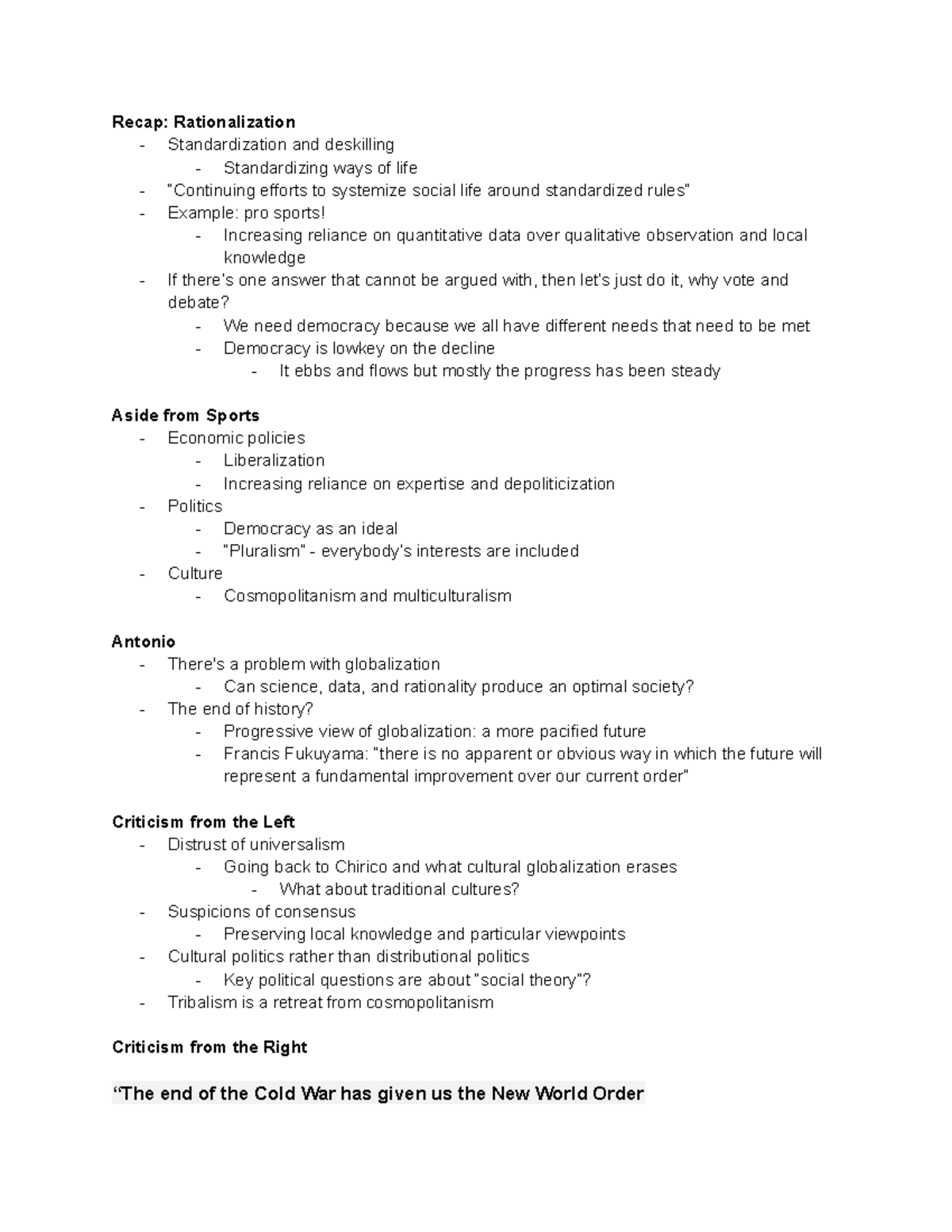 Global Change and Right Wing Movements - Recap: Rationalization ...