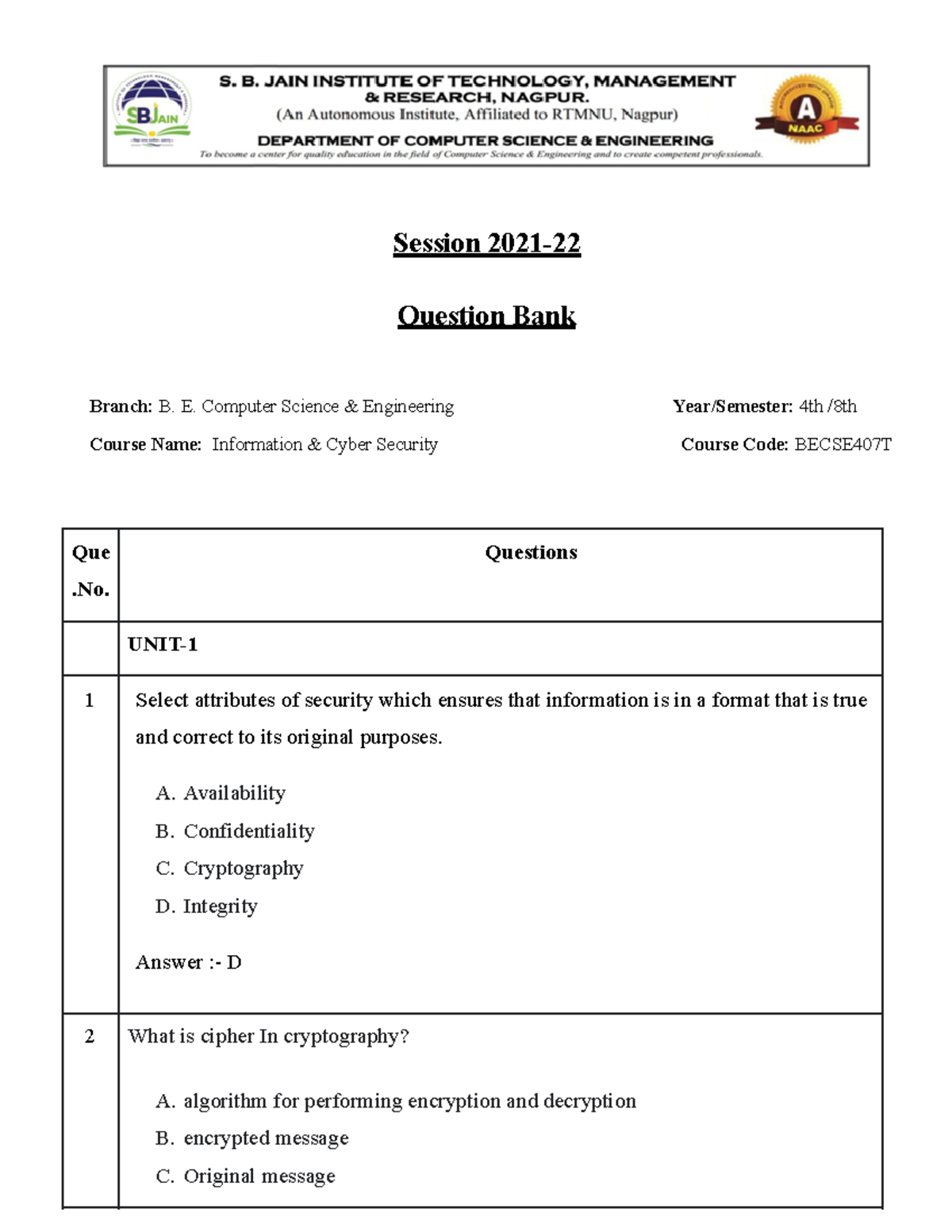 ICS Question BANK - Session 2021- Question Bank Branch: B. E. Computer ...