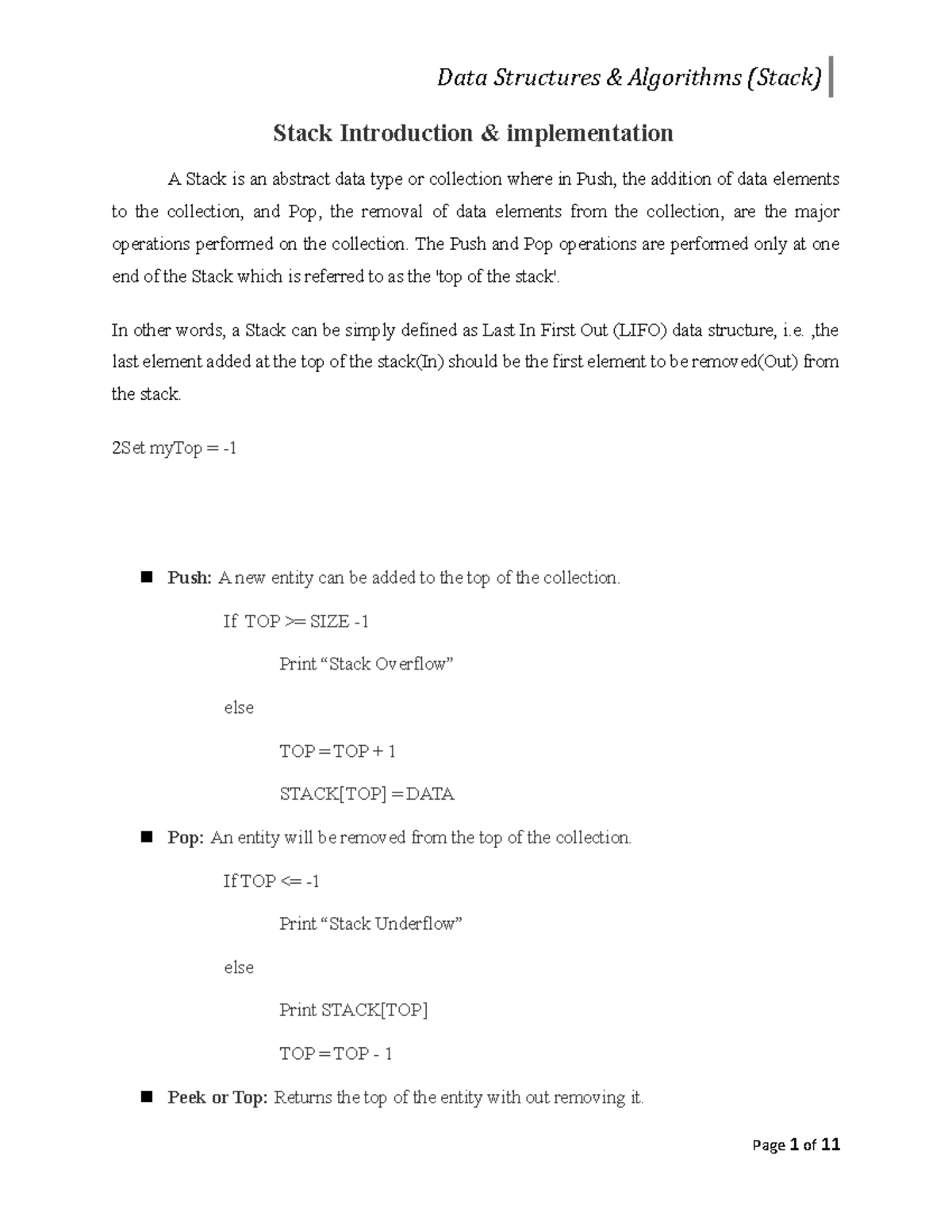 Stack 1 - sdsfs - Stack Introduction & implementation A Stack is an abstract data type or - Studocu